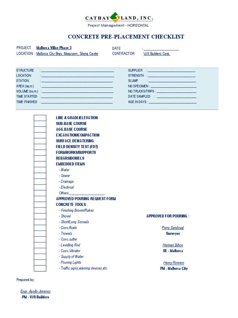Concrete Pre-Placement Checklist | Download Free PDF | Concrete | Materials