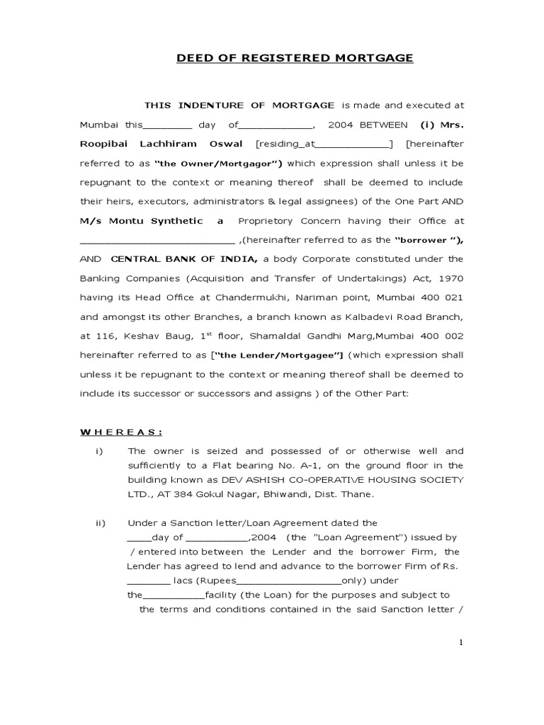 Deed of Registered Mortgage: "The Owner/Mortgagor" | PDF | Mortgage Law ...