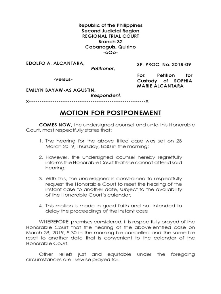 Motion For Postponement - Alcantara | PDF