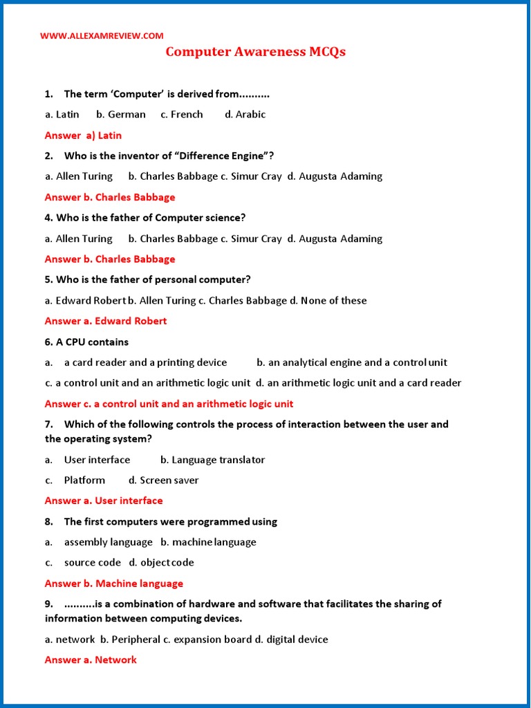 Computer Awareness MCQs PDF | PDF | Random Access Memory | Read Only Memory