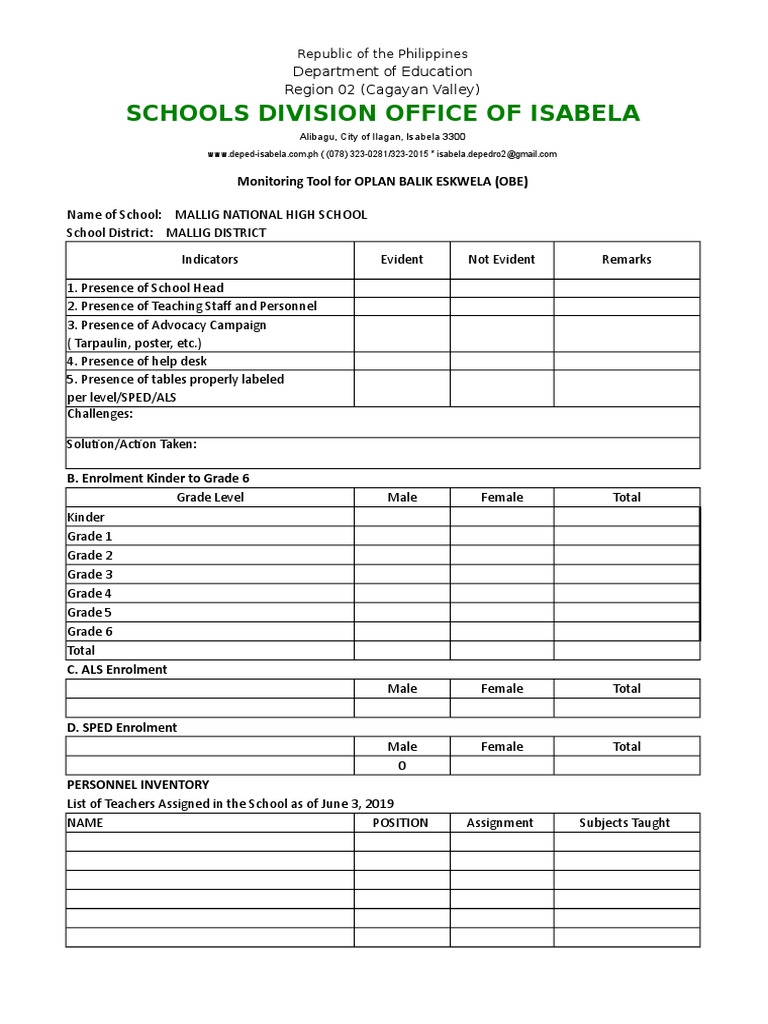 2019 Oplan Balik Eskwela Monitoring Tool | PDF | Educational Stages ...