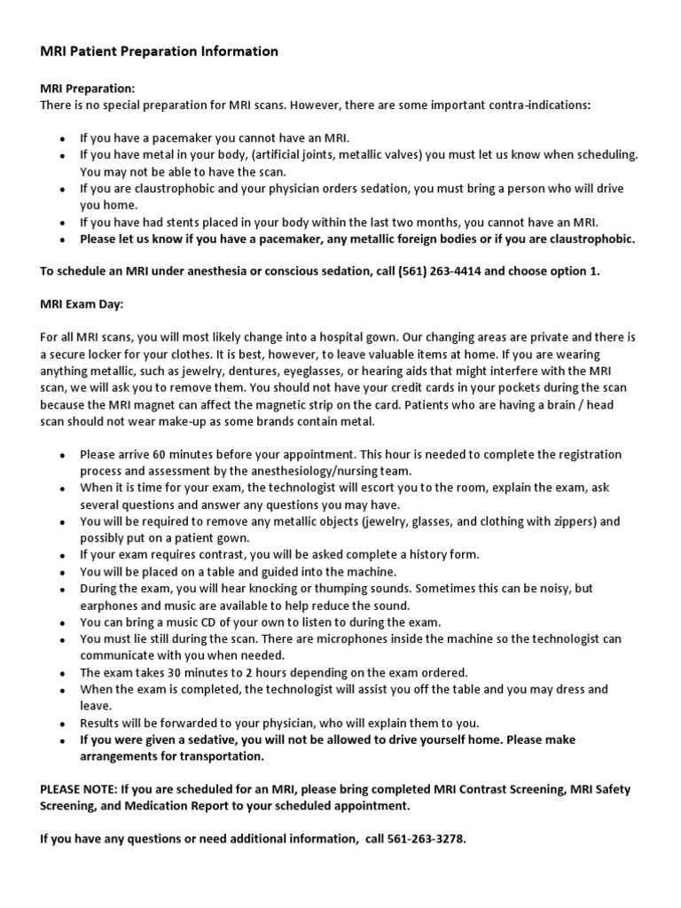 MRI Patient Preparation Information | PDF | Magnetic Resonance Imaging ...