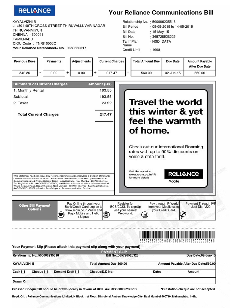 Your Reliance Communications Bill: Summary of Current Charges Amount ...