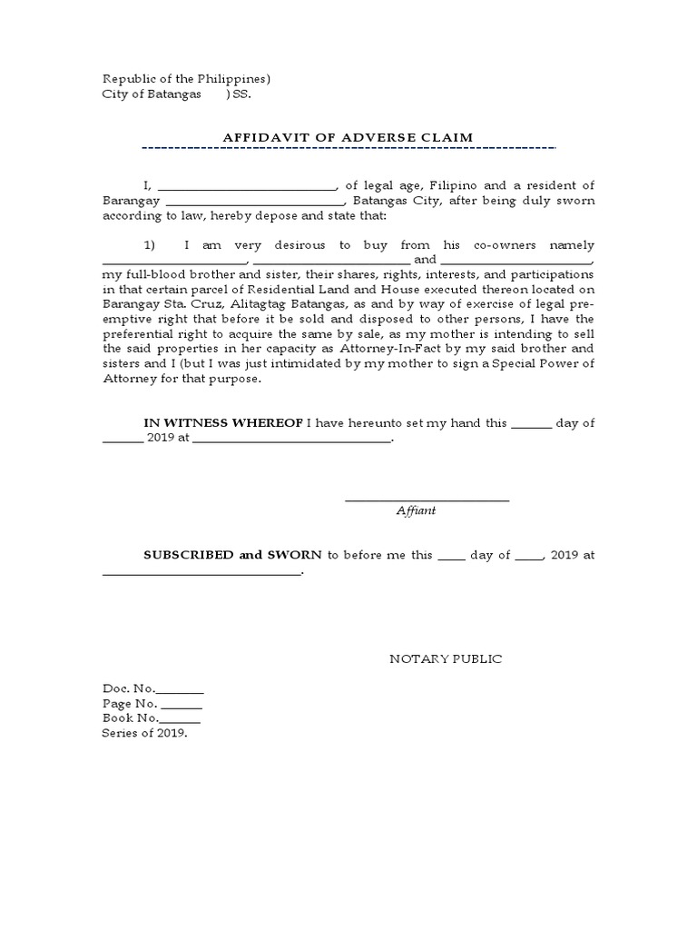 Affidavit of Adverse Claim | PDF | Affidavit | Deed