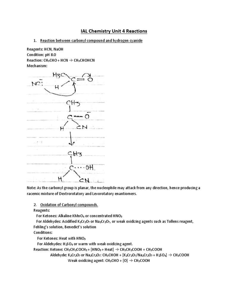 IAL Chemistry Unit 4 Reactions Summary | PDF | Aldehyde | Chemical ...