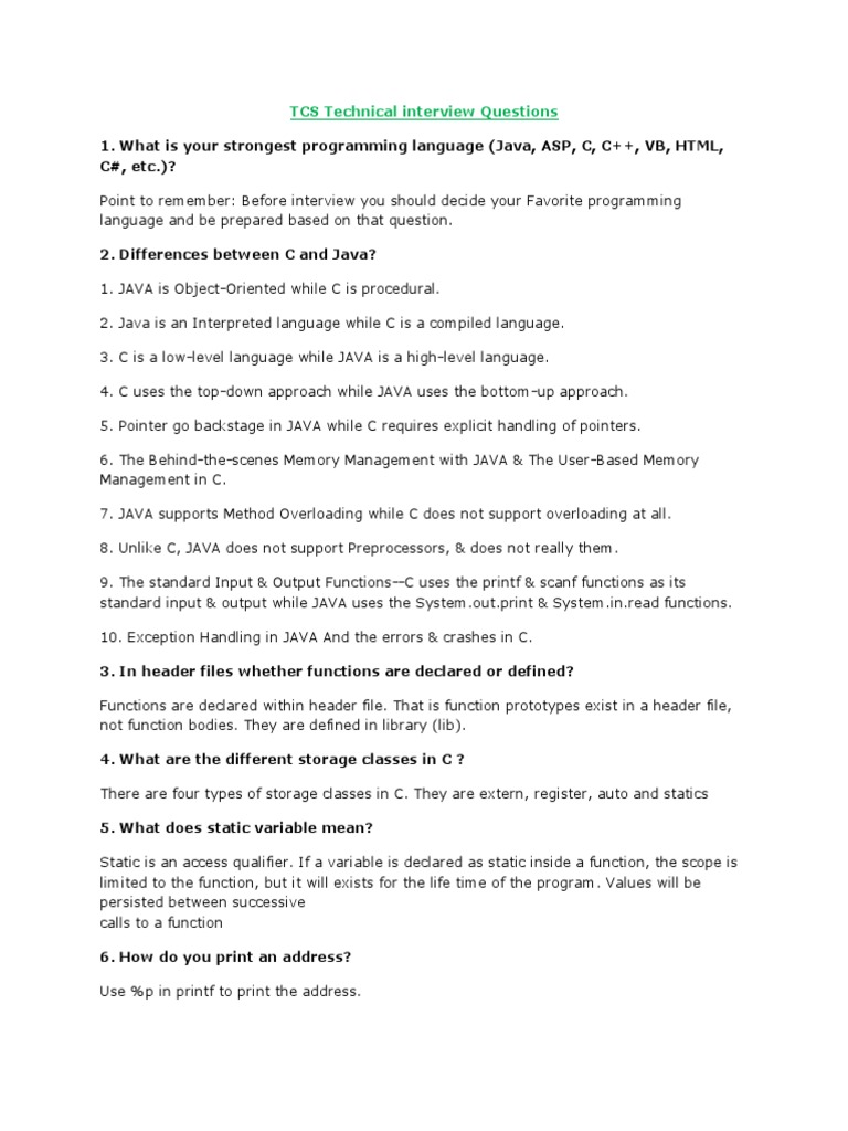 TCS Interview Prep: Key Questions | PDF | Pointer (Computer Programming) | Subroutine