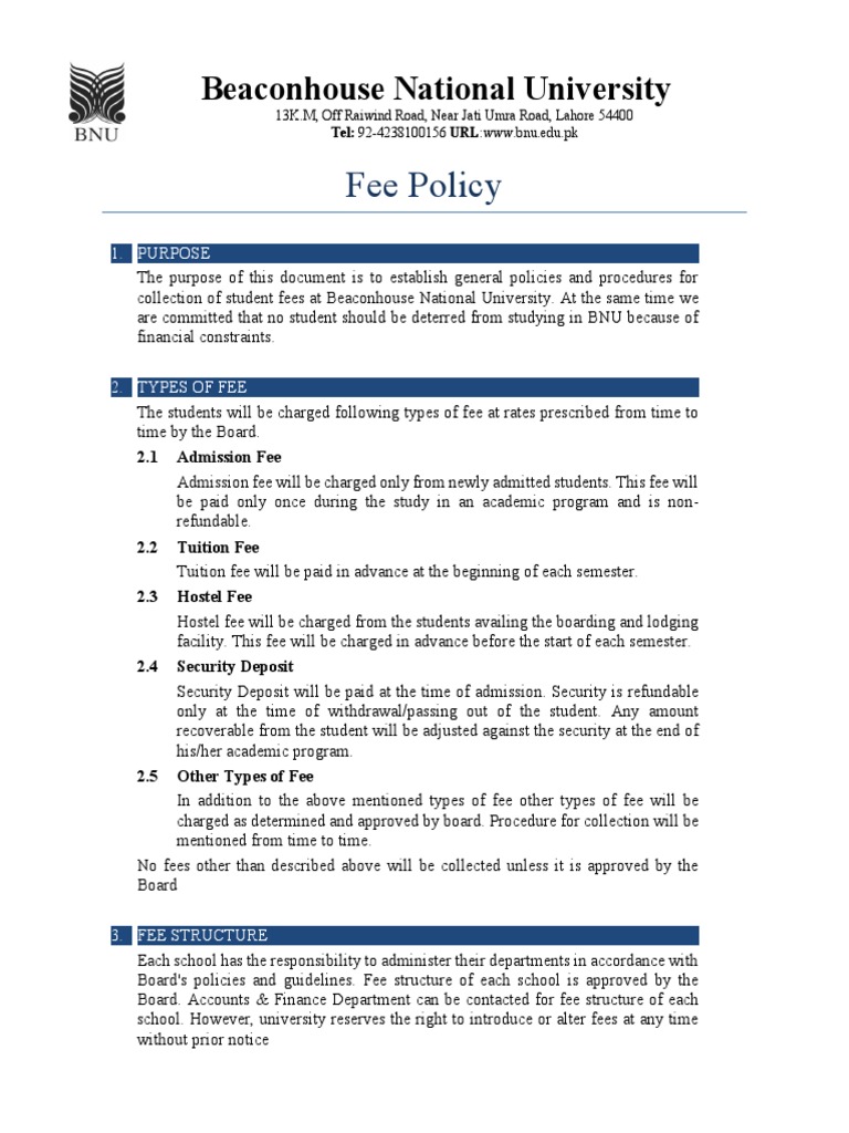 Fee Policy BNU (Updated 30-08-2017) | PDF | Fee | Tuition Payments