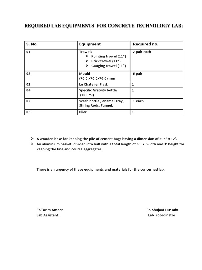 Required Lab Equipments For Concrete Technology Lab Pdf