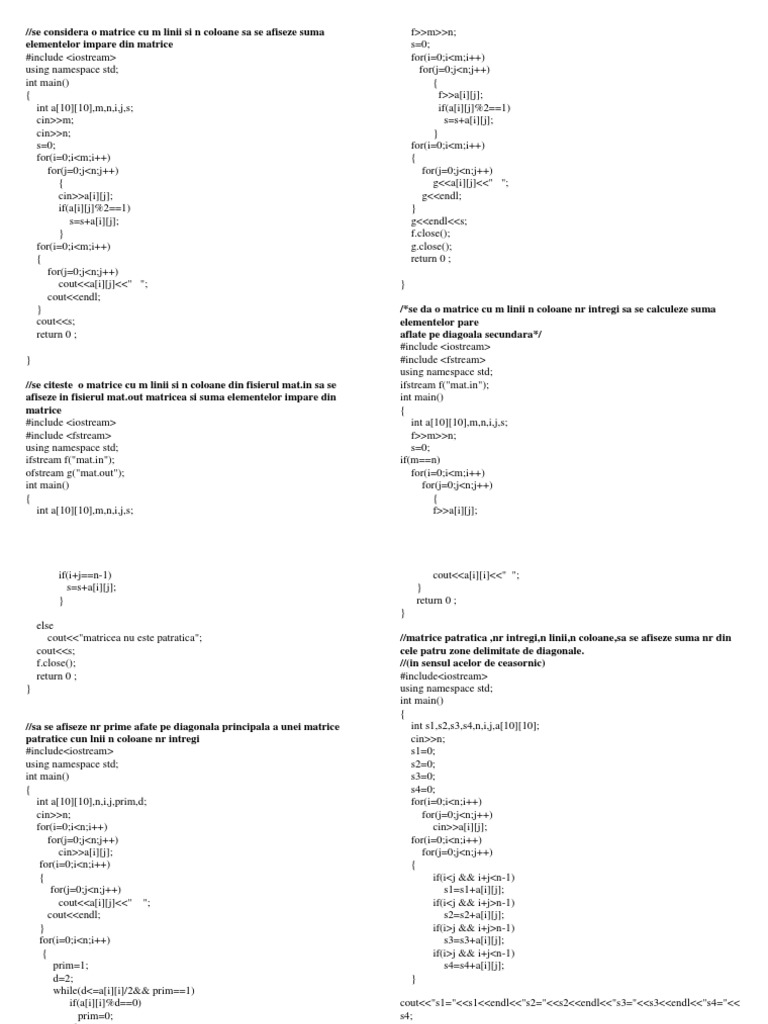 Probleme Rezolvate Matrici, Clasa A X-A, Intensiv Informatica | PDF | C++ | Object Oriented ...