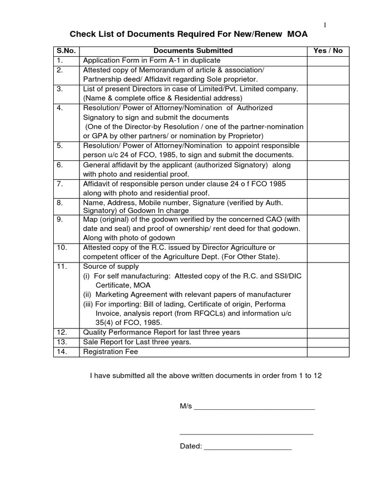 Check List of Documents Required For New/Renew MOA: S.No. Documents ...