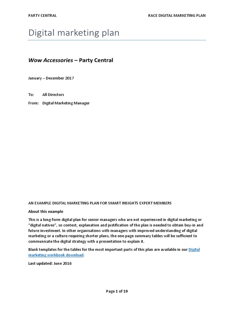 Digital Marketing Plan Example Party Central Smart Insights | Download ...