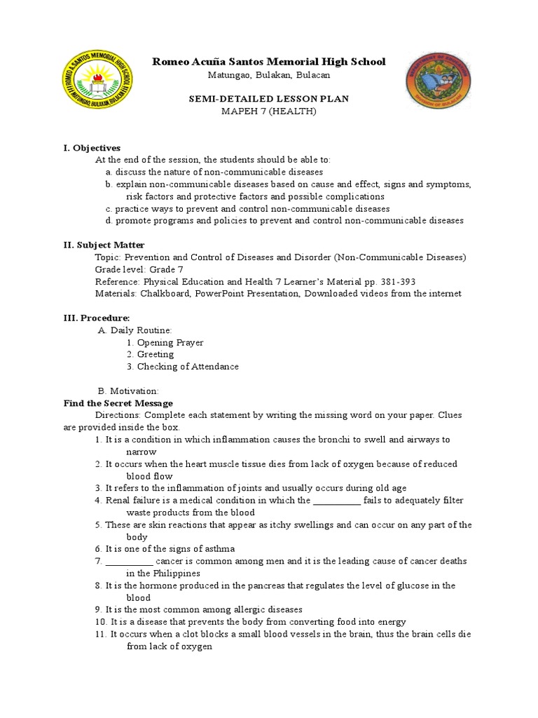 Lesson Plan Health 7 | PDF | Non Communicable Disease | Medical Specialties