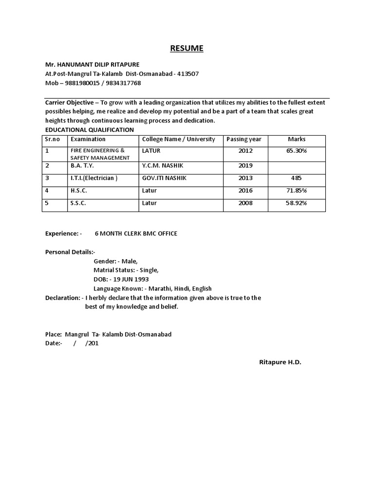 Hanumant Ritapure Resume: Fire Safety & ITI Expert | PDF