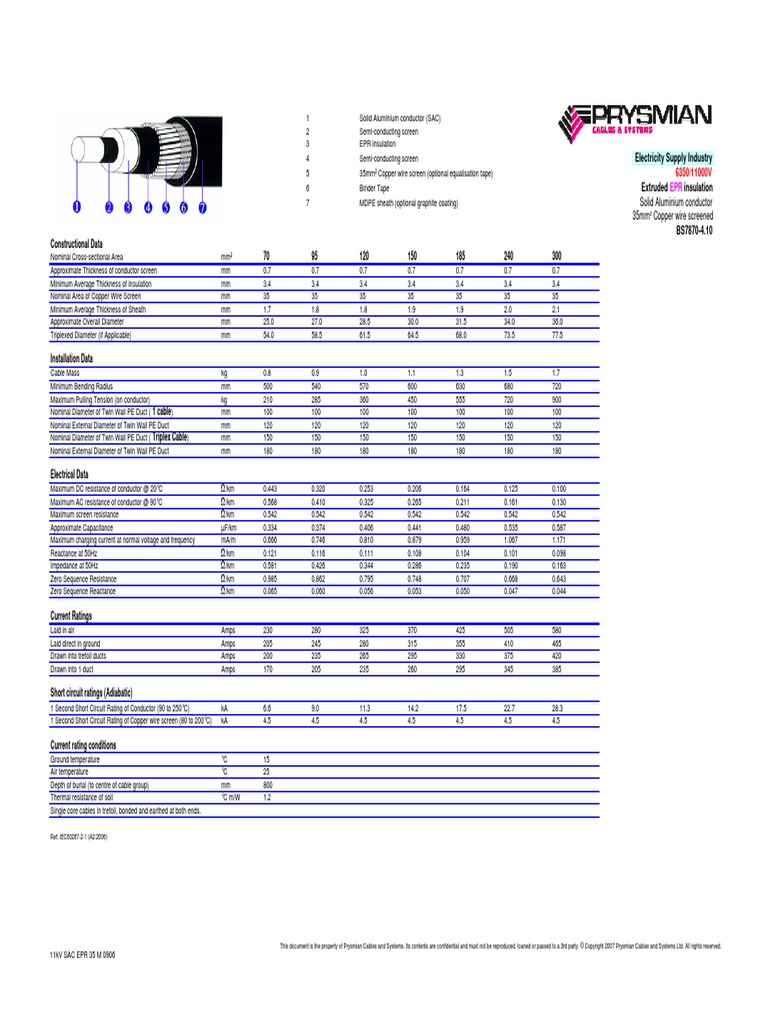 11kV EPR Prysmian Cable Spec | PDF | Electrical Resistance And ...