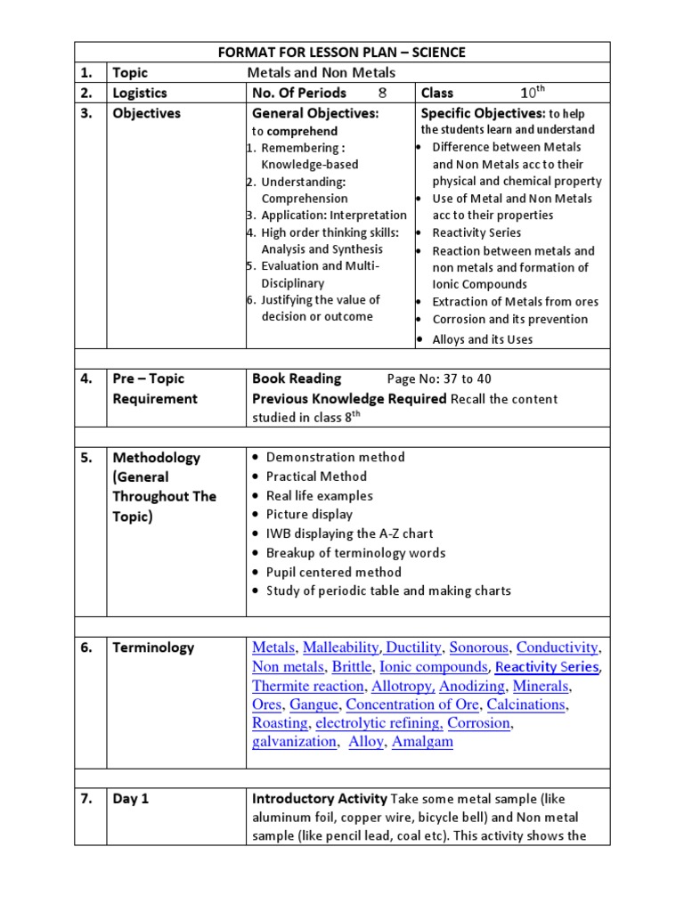 Lesson Plan Metals and Non Metals | PDF | Ductility | Metals