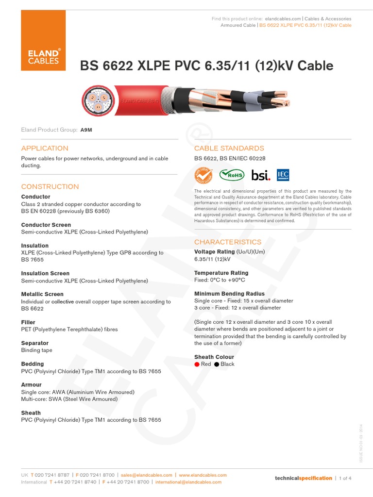 BS 6622 XLPE PVC 6.35/11 (12) KV Cable | PDF | Electrical Conductor ...