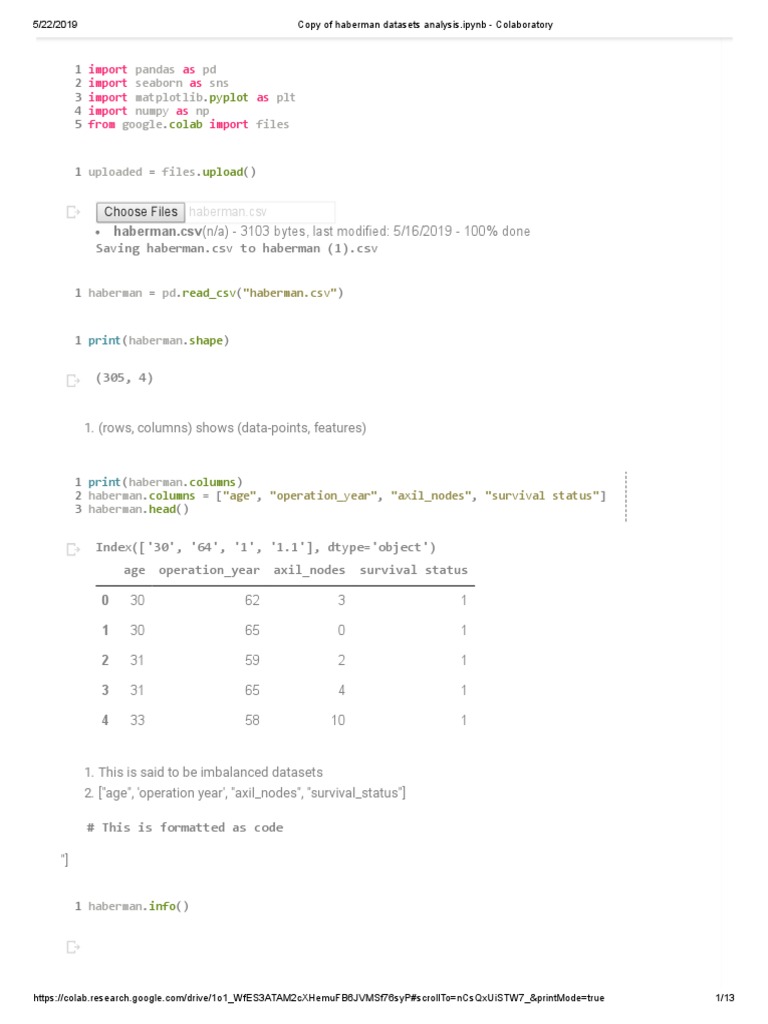 Haberman Datasets Analysis - Ipynb - Colaboratory | PDF | Quantile | Descriptive Statistics