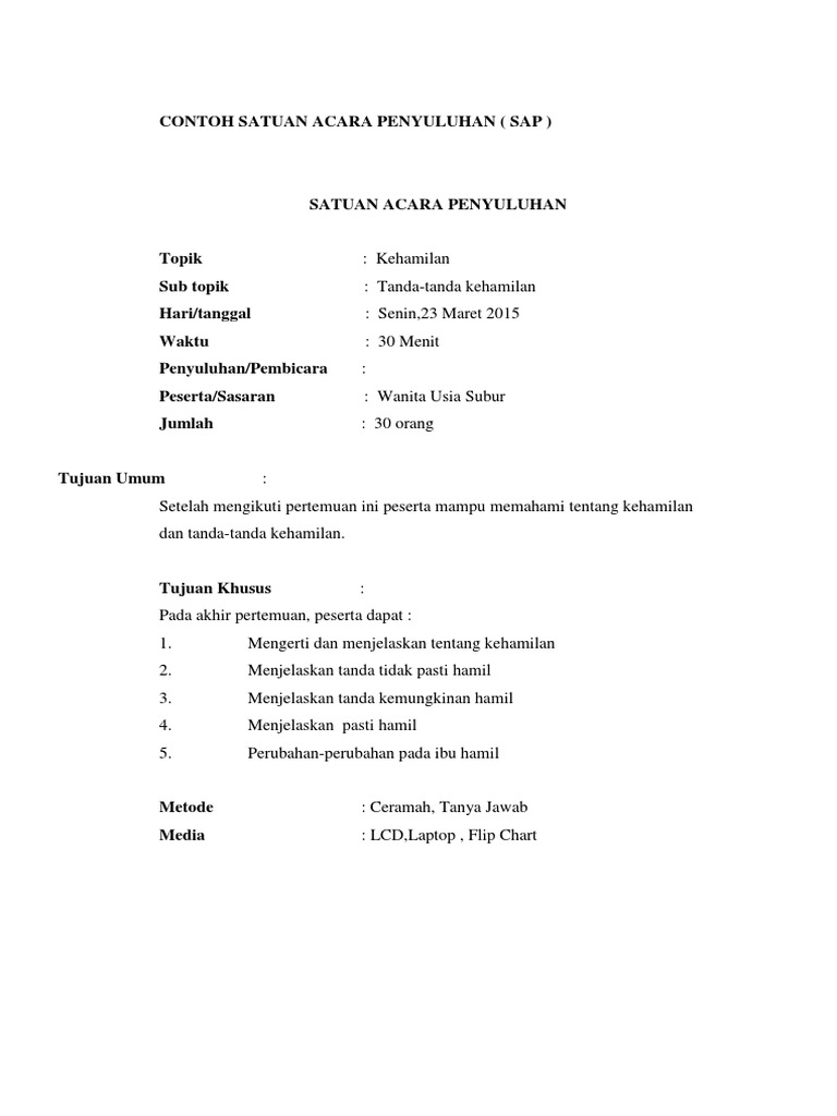 Contoh SAP Penyuluhan Kehamilan | PDF | Pengembangan Diri | Kesehatan ...