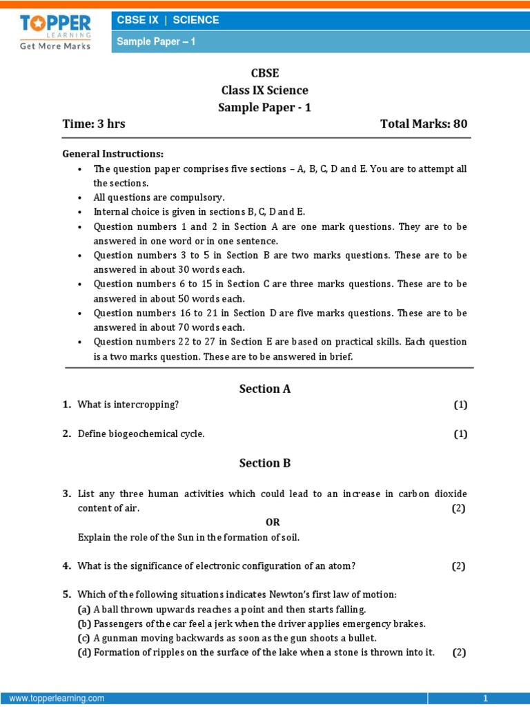 Cbse Class IX Science Sample Paper - 1 Time: 3 Hrs Total Marks: 80 ...