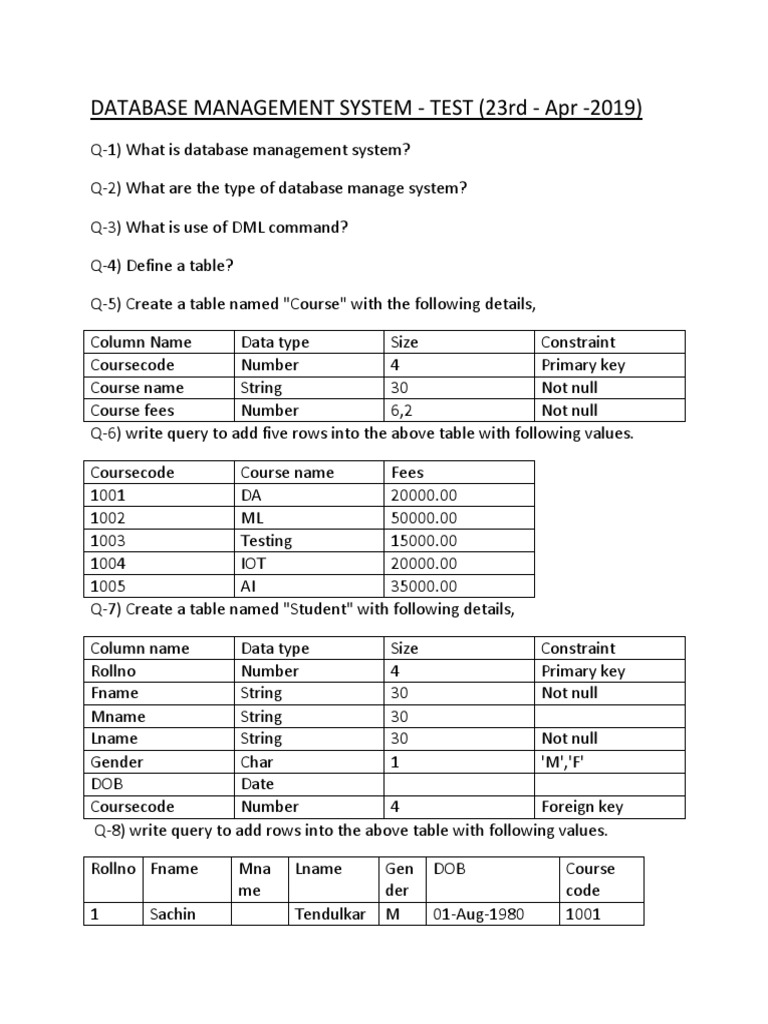 DB Test 23april2019 | PDF | Table (Database) | Databases