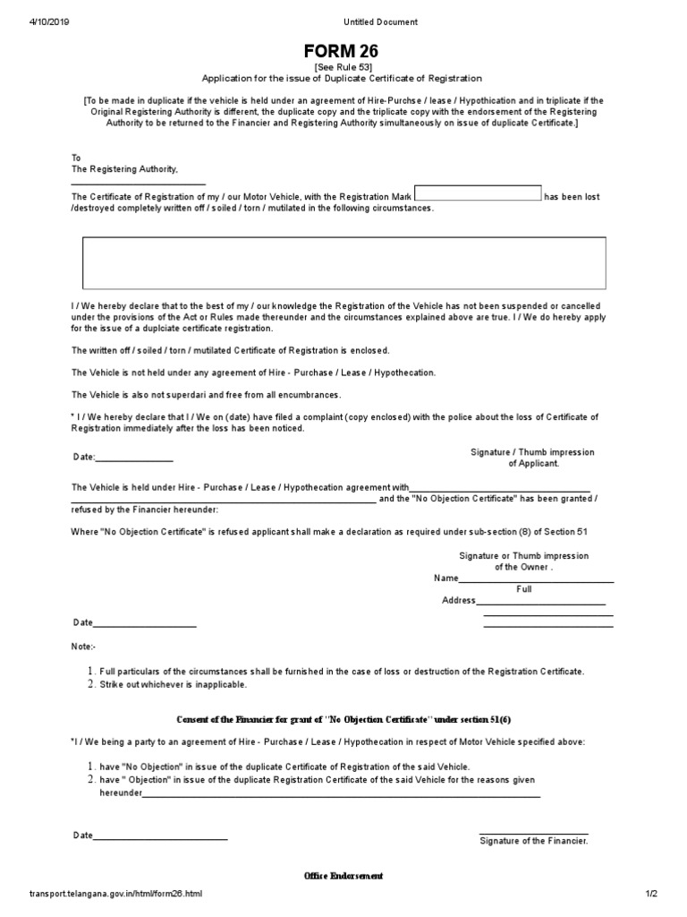 Form 26: (See Rule 53) Application For The Issue of Duplicate ...