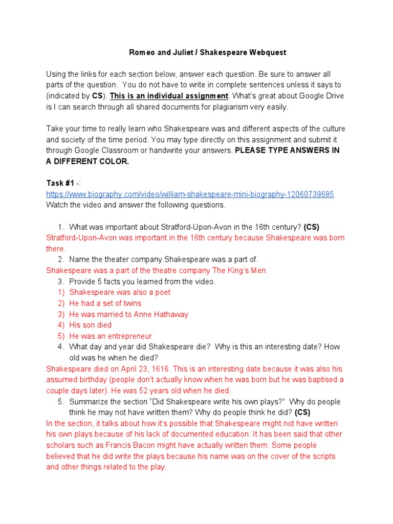 Shakespeare Webquest: Romeo and Juliet | PDF | Characters In Romeo And ...