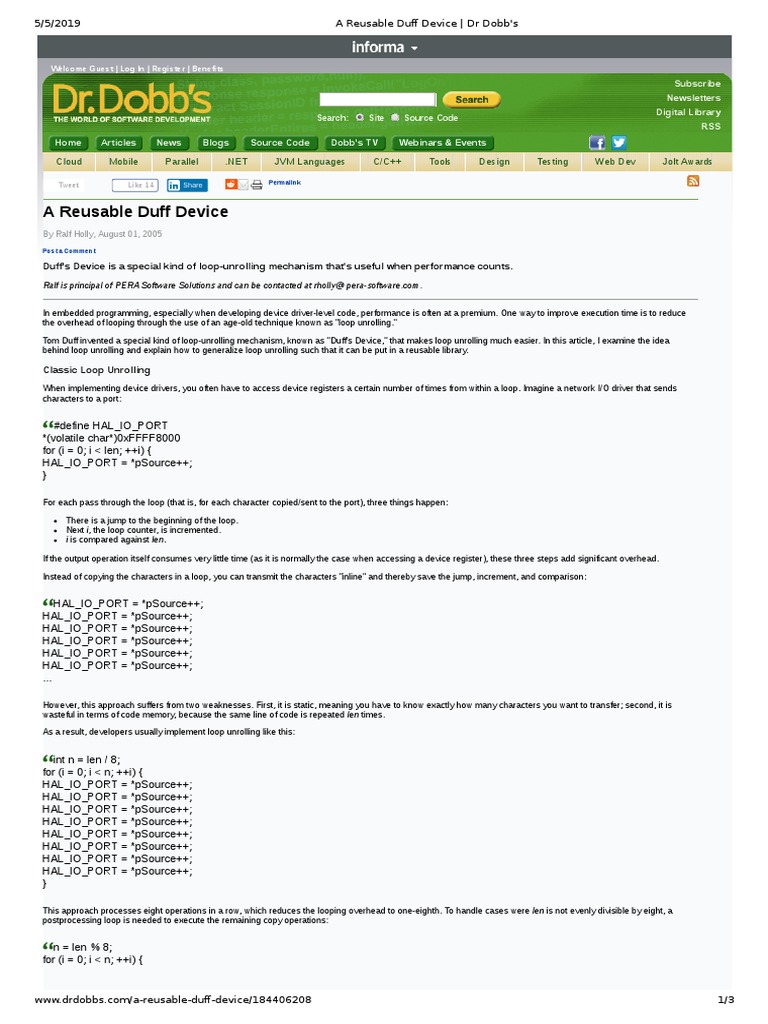A Reusable Duff Device - DR Dobb's | PDF | Control Flow | Areas Of ...