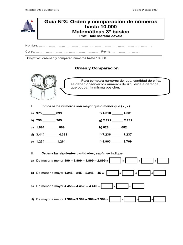Guía de Orden y Comparación Números 3° Básico | PDF | Enseñanza de ...