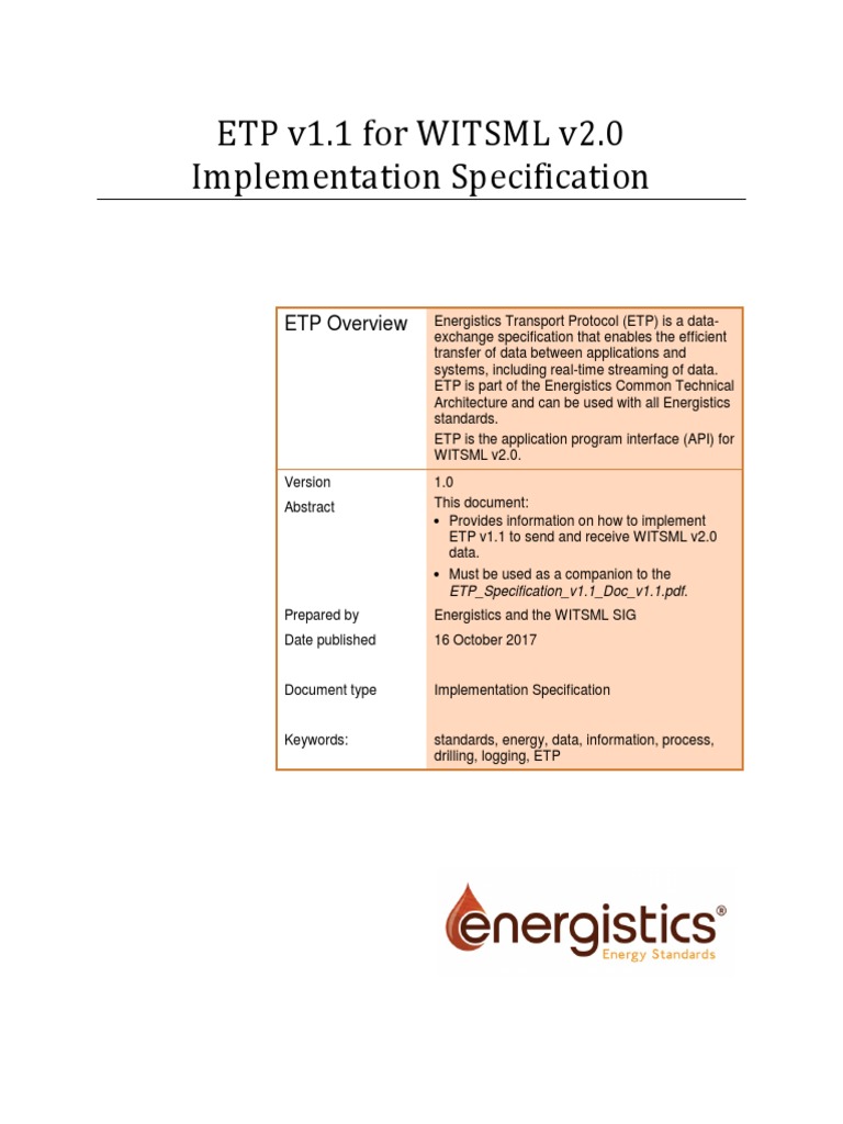 ETP v1.1 For WITSML v2.0 Imp Spec v1.0 Doc v1.0 | PDF | Xml | Specification (Technical Standard)