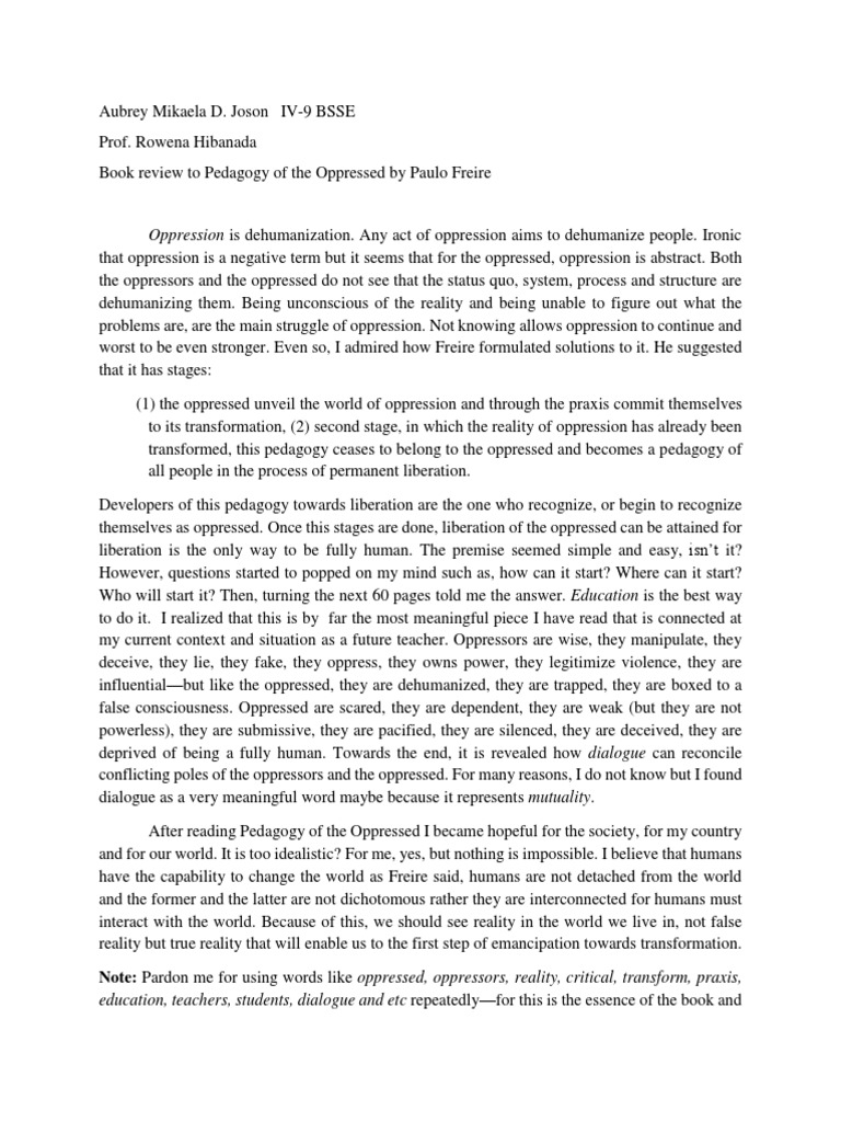 Freire's Pedagogy of the Oppressed Review | PDF | Dialogue | Thought