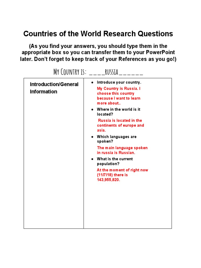 Matthew Trevino - Countries of The World Research Questions | PDF ...