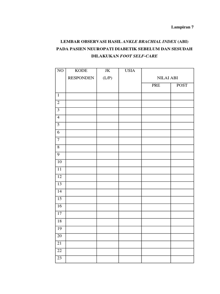 Lampiran 7 LEMBAR OBSERVASI HASIL ANKLE BRACHIAL INDEX (ABI) | PDF
