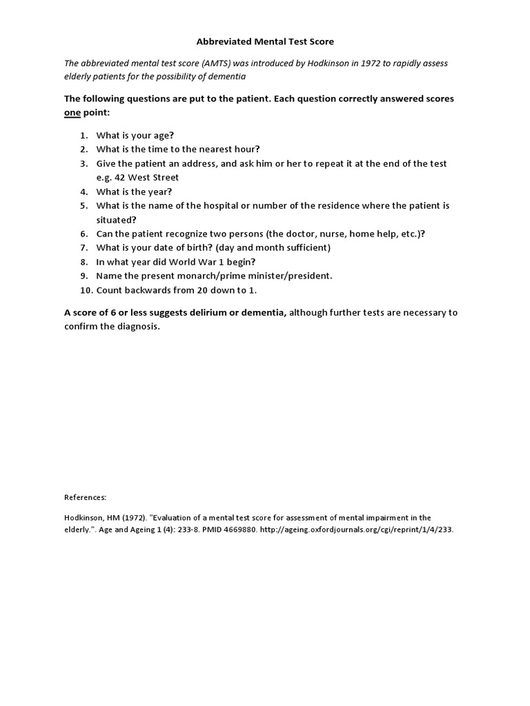AMT Abbreviated Mental Test Score | PDF