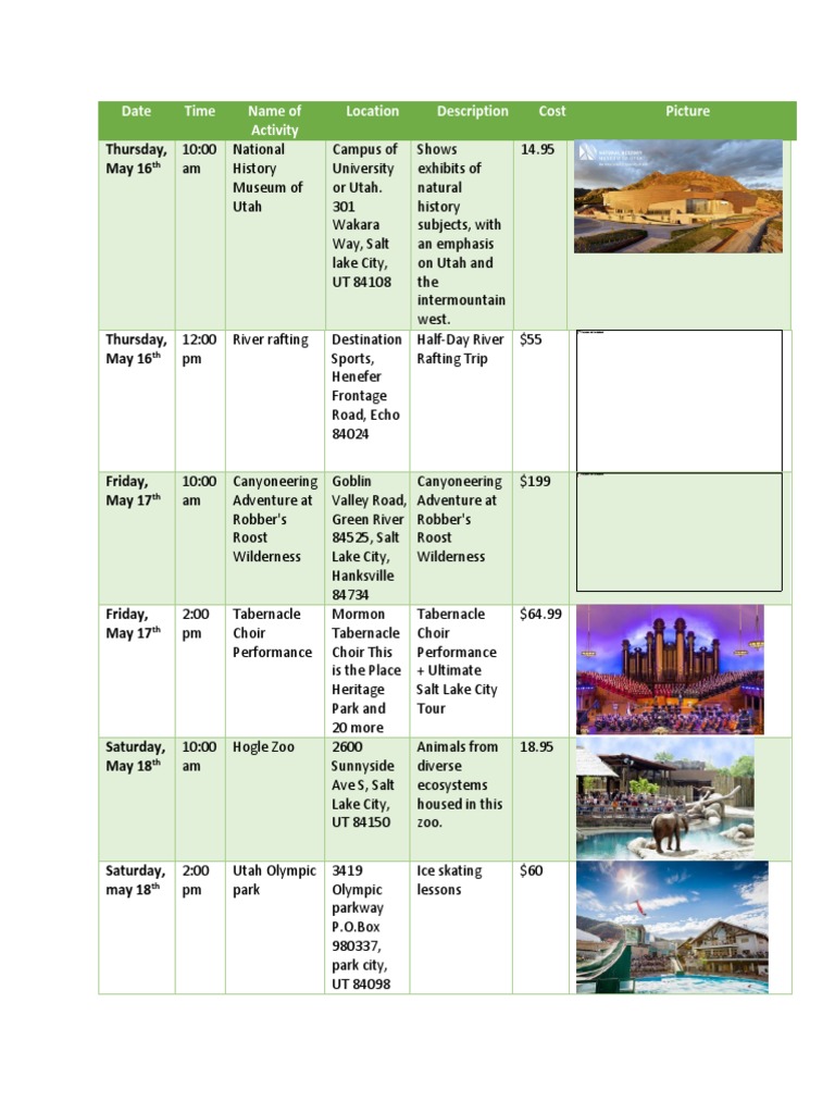 Utah Adventure Activities Schedule | PDF | Utah | Nature