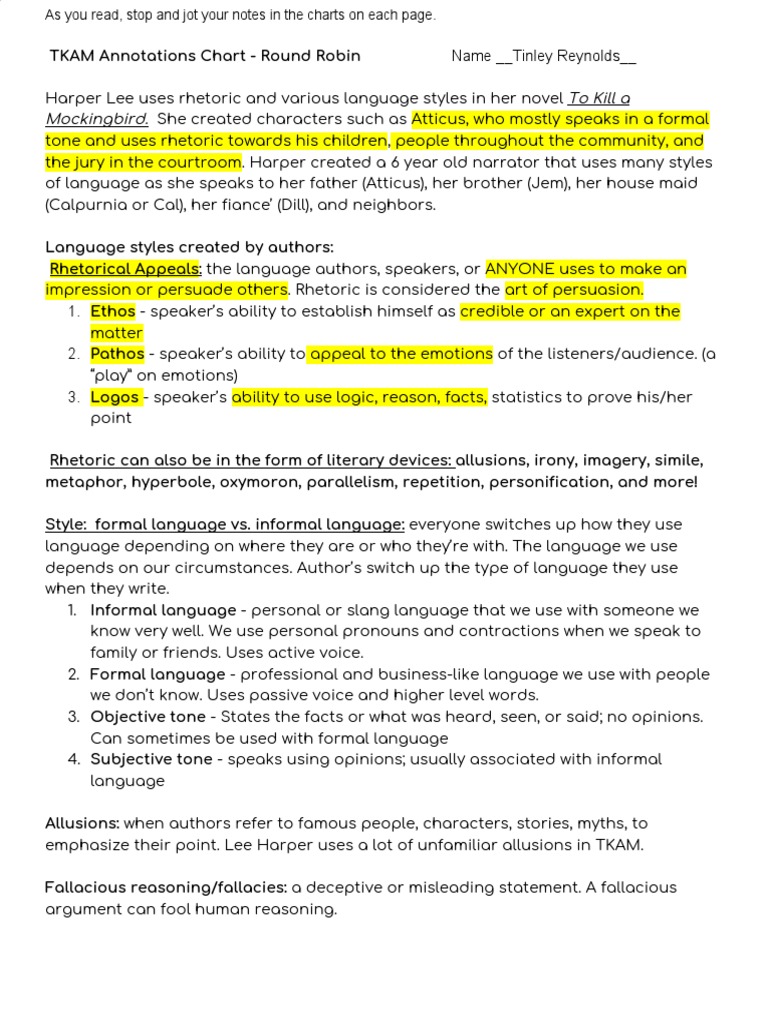 Tinley Reynolds - 1 Tkam Annotations Chart | PDF | Narration | Fallacy