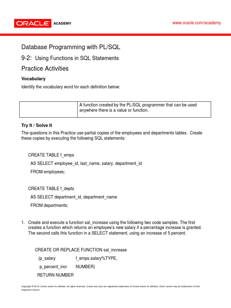 Plsql 9 2 Practice Pdf Oracle Database Pl Sql