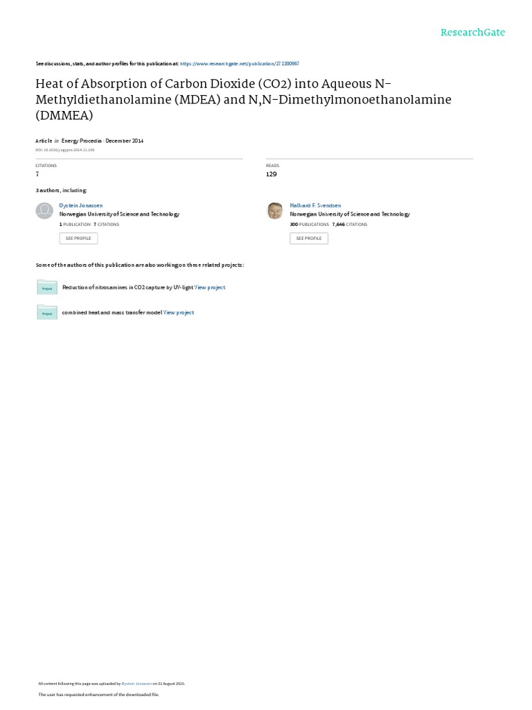 Heat of Absorption of Carbon Dioxide (CO2) Into Aqueous N-Methyldiethanolamine (MDEA) and N, N ...