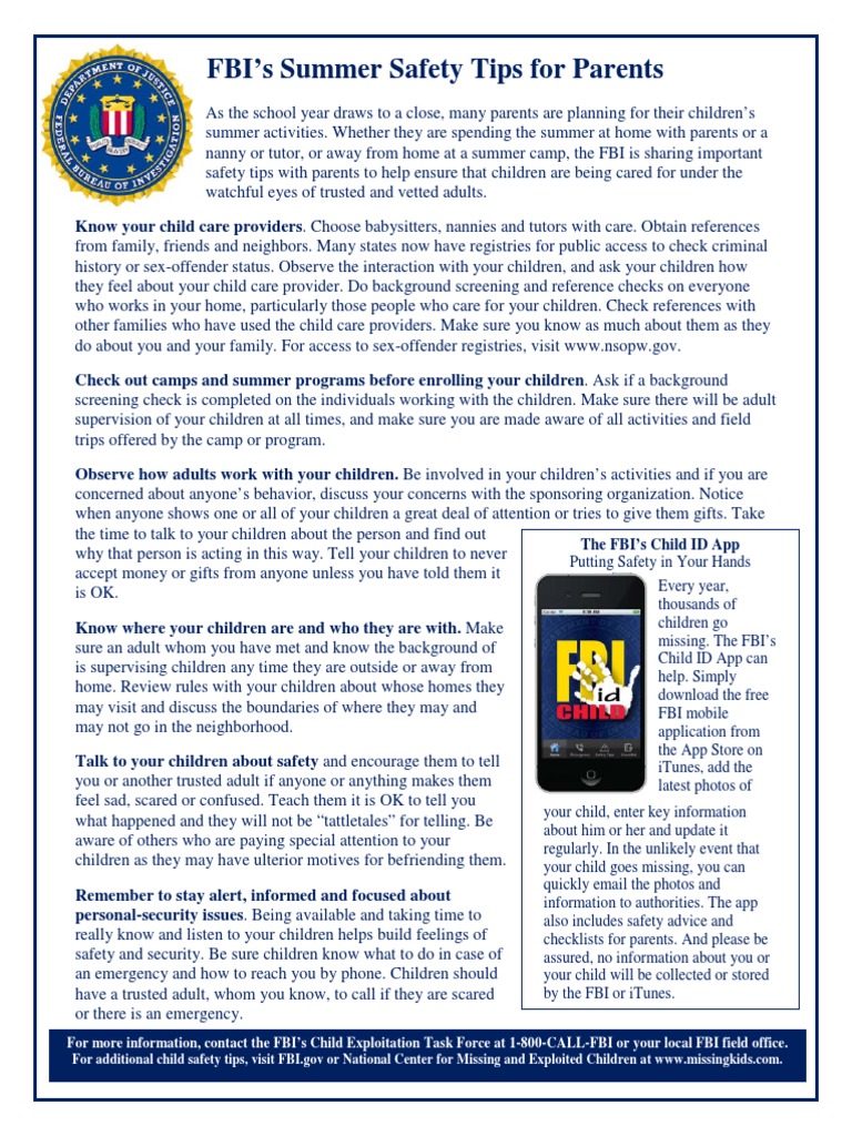 FBI Summer Safety Tips For Parents | PDF | Child Care | Relationships