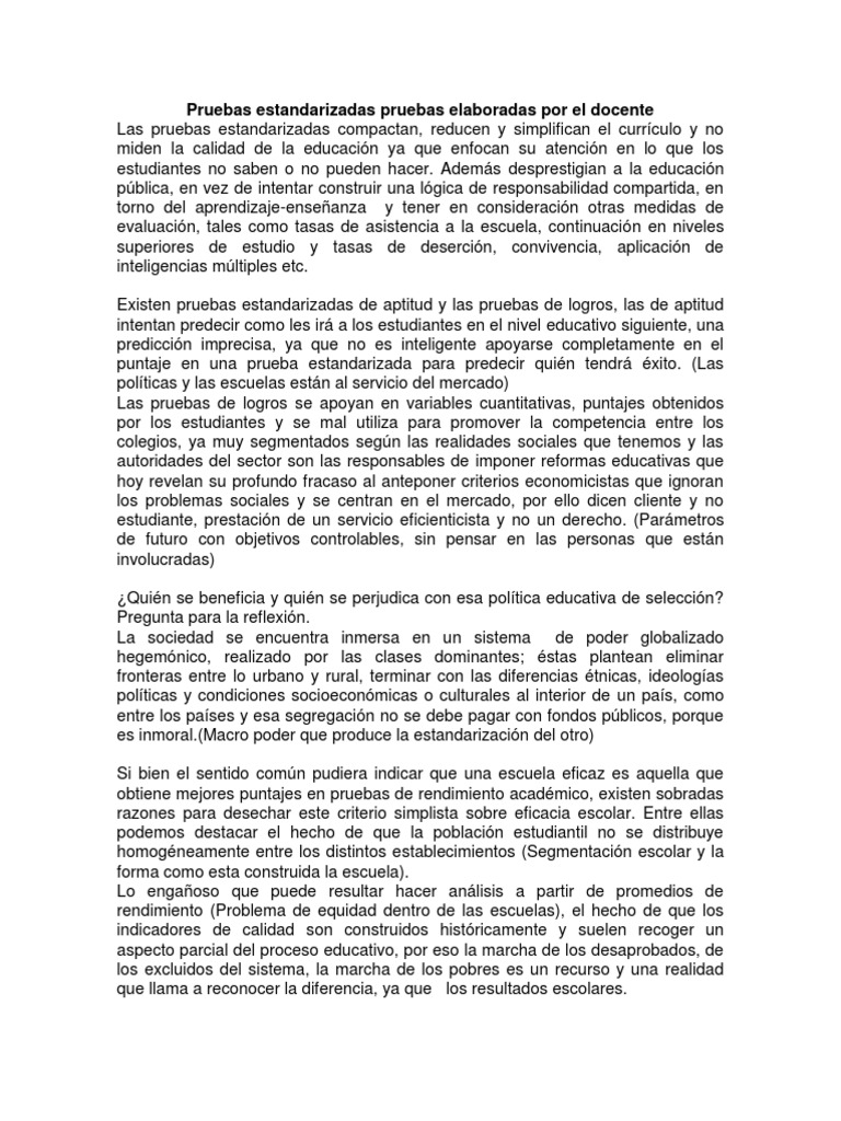 Pruebas Estandarizadas y su Efecto Educativo | PDF | Validez ...