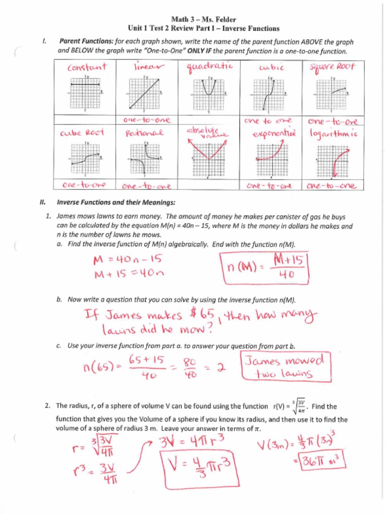 Math3 Unit 1 Test 2 Review Key PT 1 - Inverse Functions 1819-1 1 | PDF