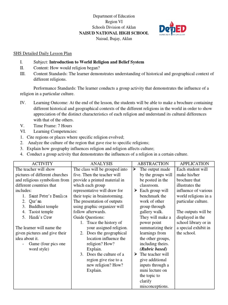Detailed Daily Lesson Plan - Intro to World Religion | Lesson Plan ...