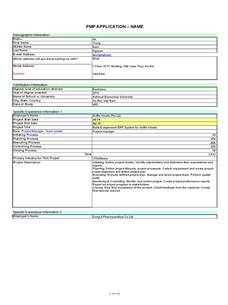Template - PMP Exam Application | PDF | Spreadsheet | Logistics