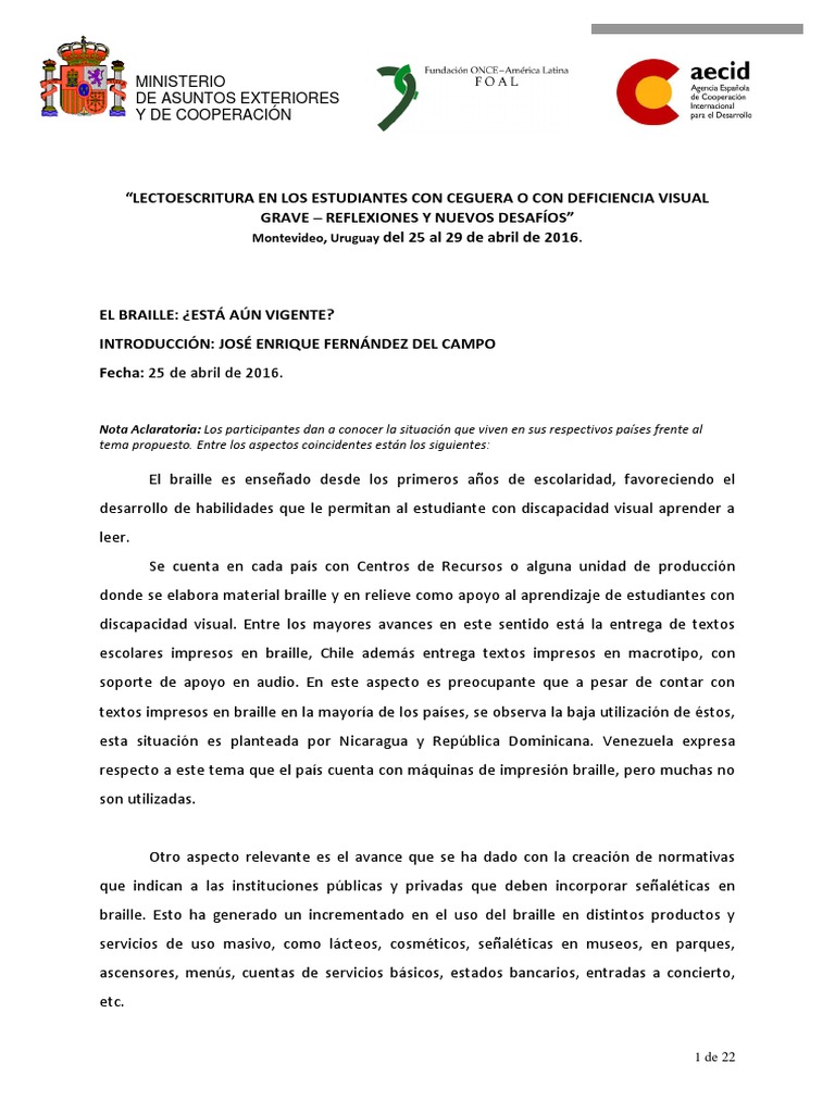 Lectura y Escritura en Los Estudiantes Con Ceguera o Deficiencia Visual ...