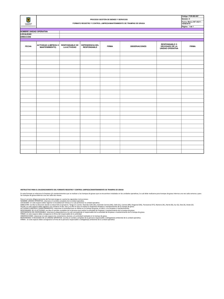 Formato Registro y Control Limpieza-Mantenimiento de Trampa de Grasas | PDF | Ingeniería ...