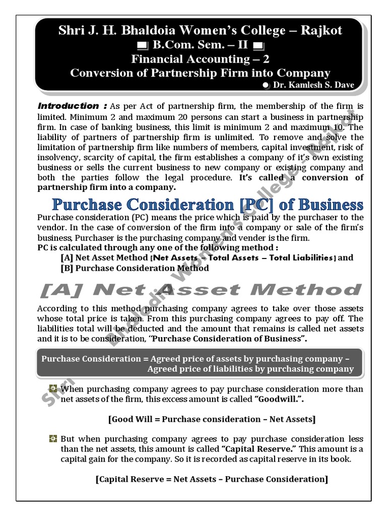 Conversion of Partnership to Company Guide | PDF | Debits And Credits ...