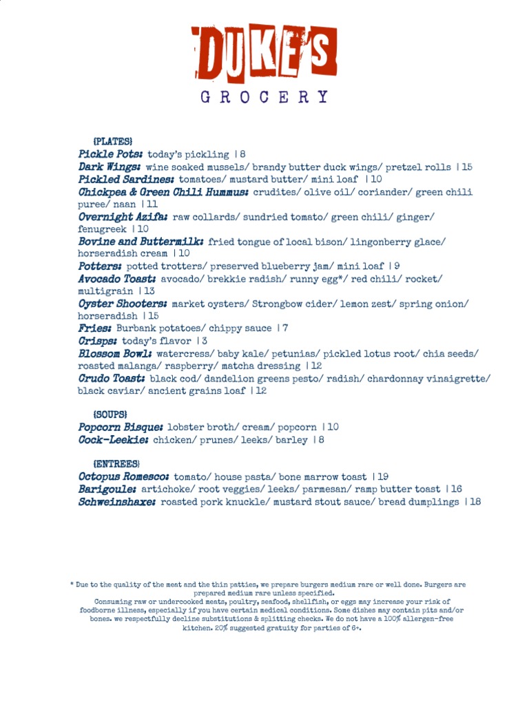 Duke's Grocery Foggy Bottom Menu | PDF | Pickling | Hamburgers