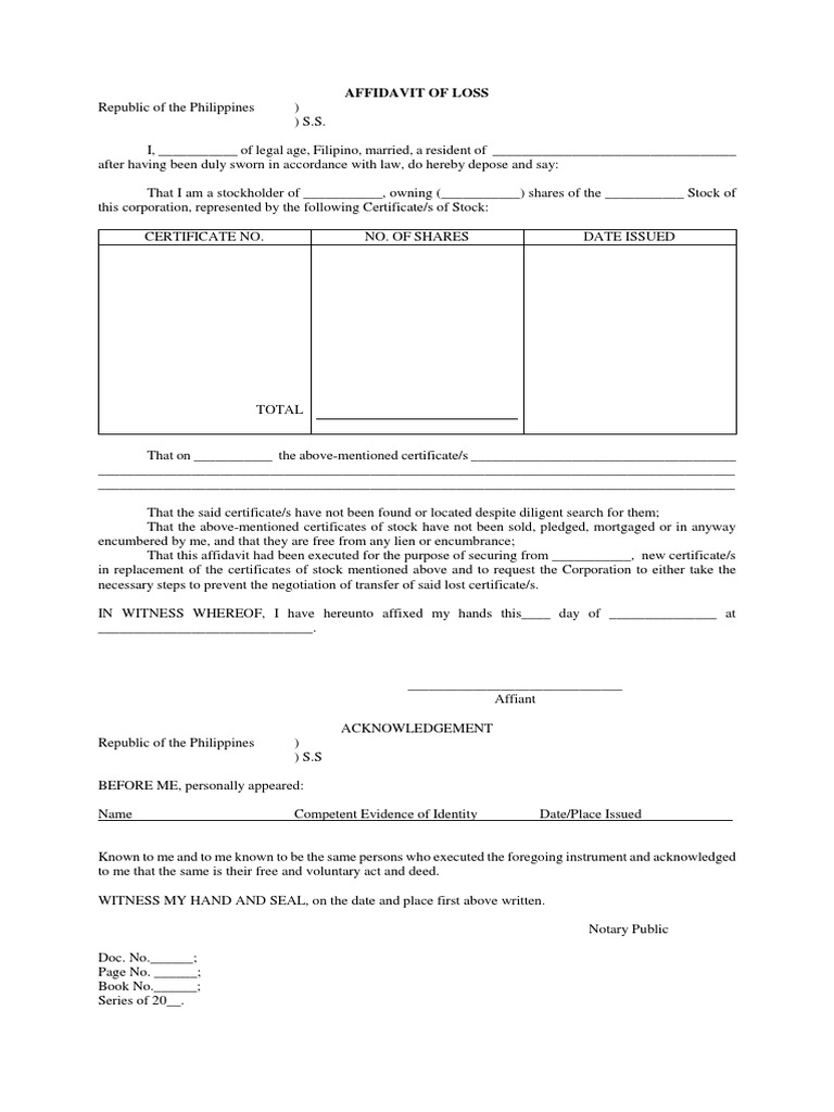 Affidavit of Loss of Stock Certificate | Affidavit | Notary Public