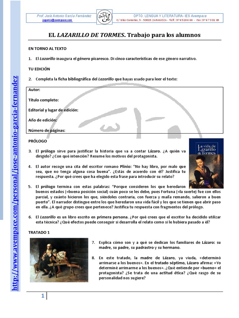EL LAZARILLO DE TORMES-Trabajo para Los Alumnos PDF | PDF