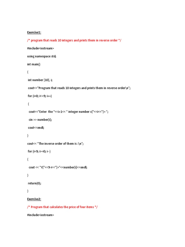 Exercise1:: / Program That Reads 10 Integers and Prints Them in Reverse ...