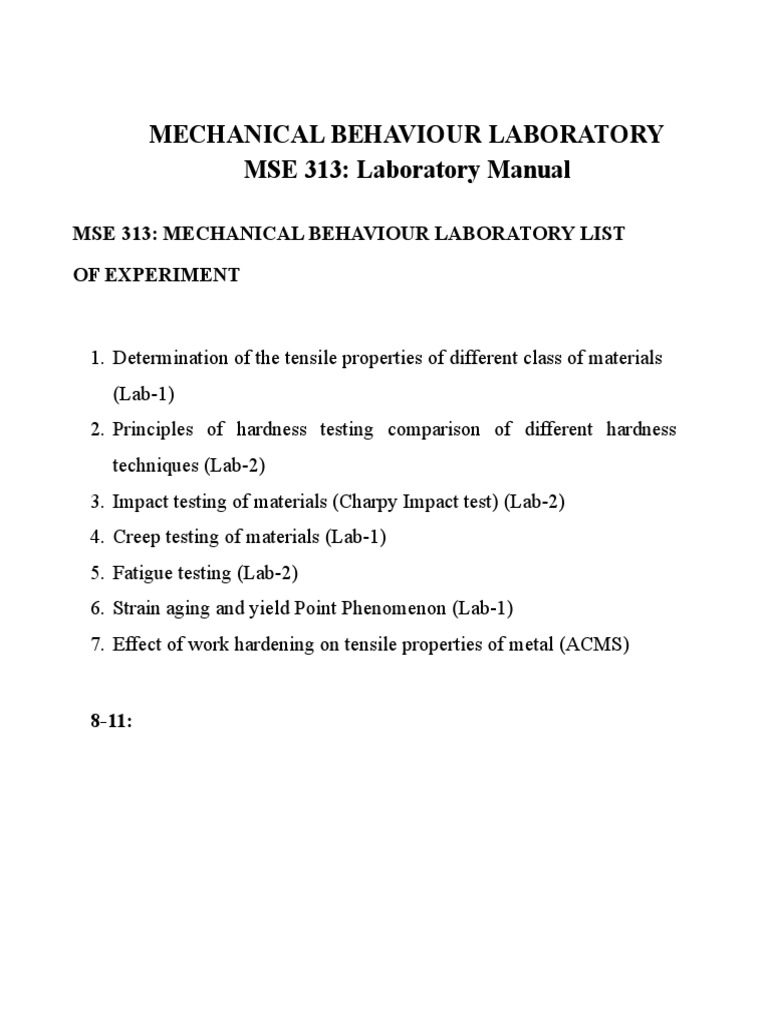 Mechanical Behaviour Laboratory MSE 313: Laboratory Manual | PDF | Deformation (Engineering ...